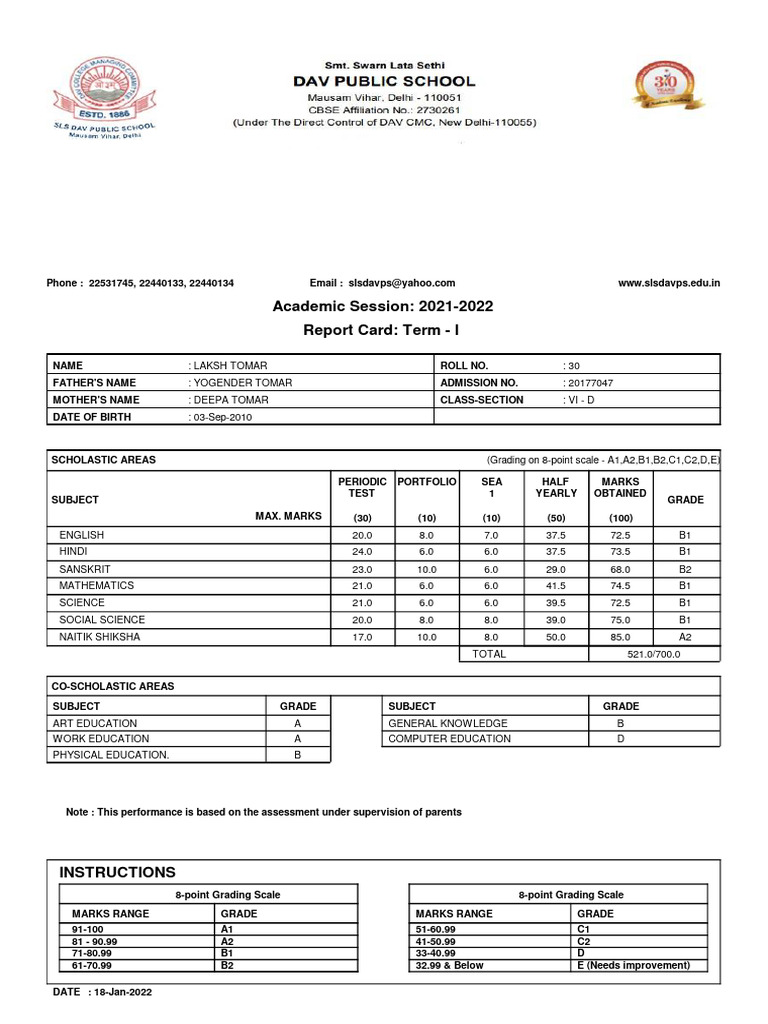 Academic Session: 2021-2022 Report Card: Term - I | PDF | Student ...