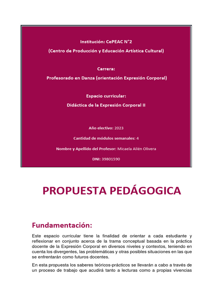 Propuesta Pedágogica - Didáctica de La E.C. Ii | PDF