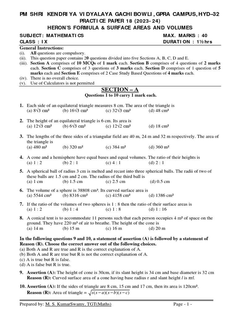Maths Class Ix Chapter 12 and 13 Mensuration Unit Practice Paper 18 | PDF Maths Class Ix Chapter 12 and 13 Mensuration Unit Practice Paper 18 | PDF