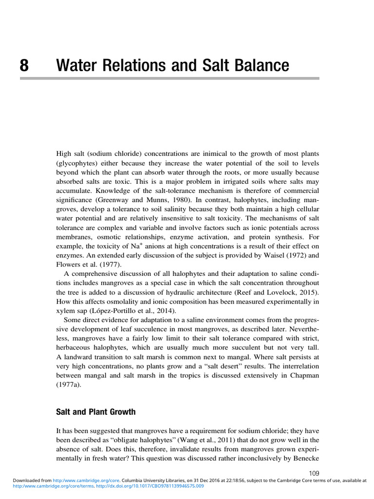 Water Relations and Salt Balance of Mangrove | PDF | Mangrove | Leaf