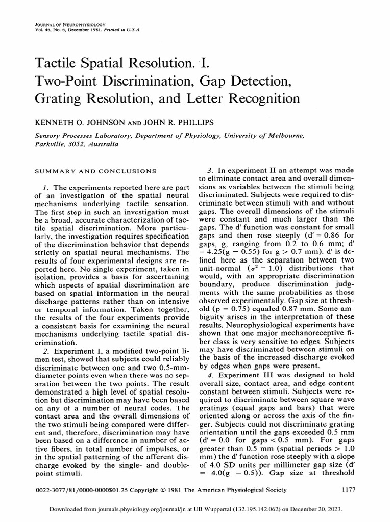 Johnson Phillips 1981 Tactile Spatial Resolution I Two Point ...