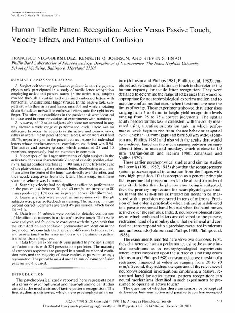 Vega Bermudez Et Al 1991 Human Tactile Pattern Recognition Active Versus Passive Touch Velocity