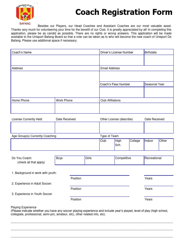 Coach Application for Unisport FC | PDF