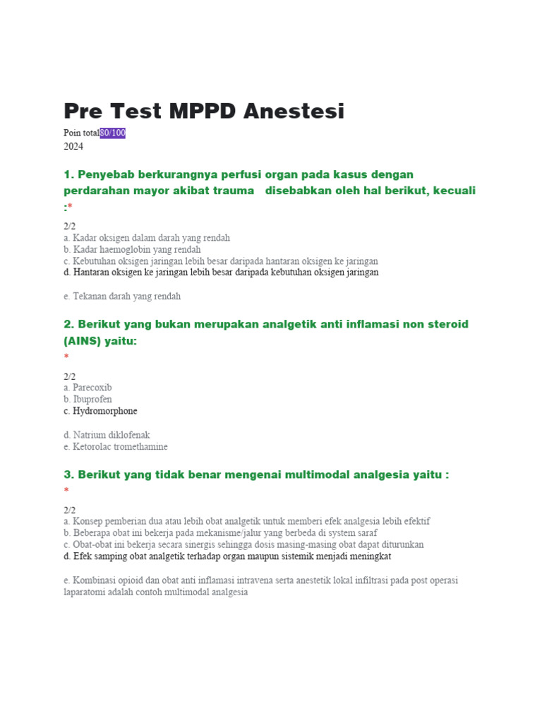 Pre Test MPPD Anestesi | PDF