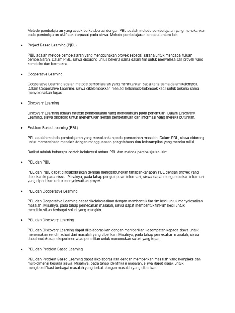 Metode Pembelajaran Yang Cocok Berkolaborasi Dengan PBL Adalah Metode Pembelajaran Yang ...