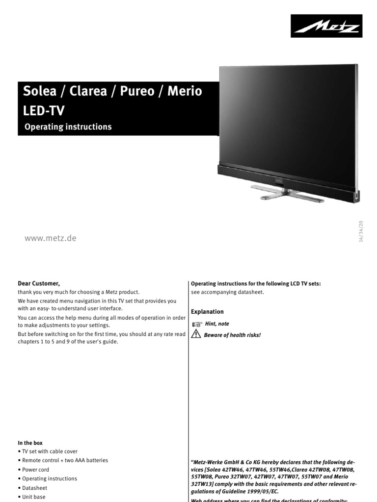 Solea / Clarea / Pureo / Merio Led-Tv: Operating Instructions | PDF
