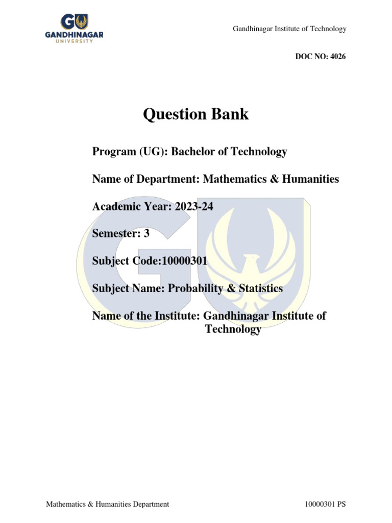 Probability & Statistics Question Bank | PDF