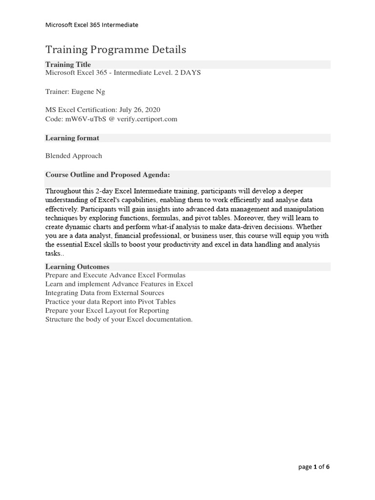MS Excel 365 Intermediate Course Outline | PDF | Microsoft Excel | Data ... MS Excel 365 Intermediate Course Outline | PDF | Microsoft Excel | Data ...