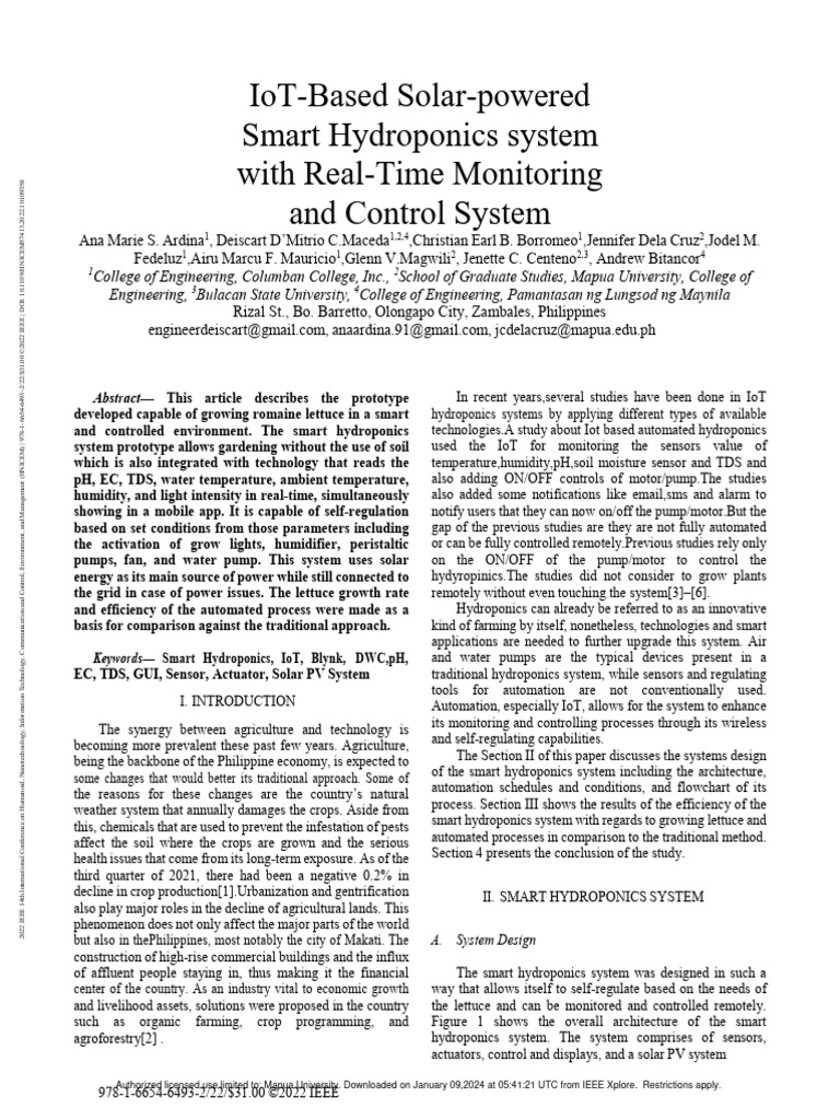 IoT-Based Solar-Powered Smart Hydroponics System With Real-Time Monitoring and Control System ...