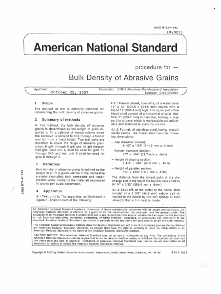 ANSI B74.4-1992 (R2007) - Bulk Density of Abrasive Grains | PDF