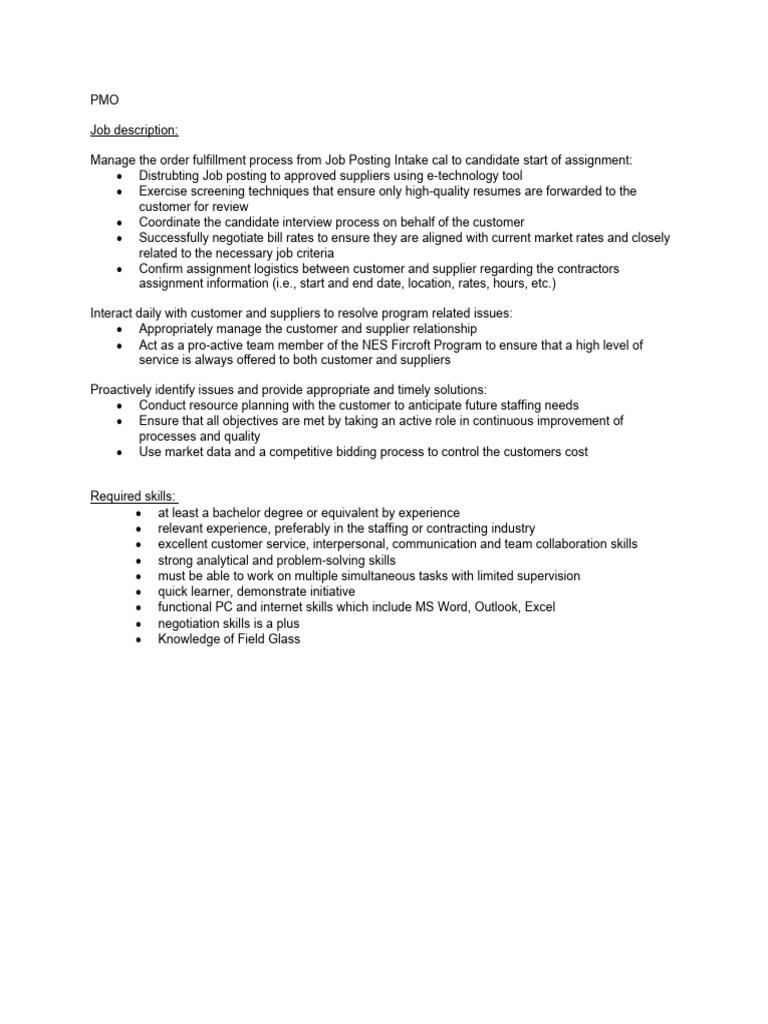 PMO Job Description: Order Fulfillment & Supplier Management | PDF