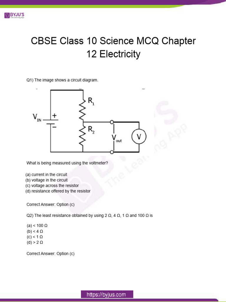 CBSE Class 10 Science MCQ Chapter 12 Electricity | PDF