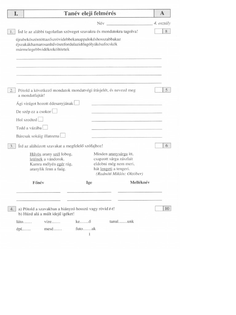 4osztaly Nyelvtan Felmero | PDF