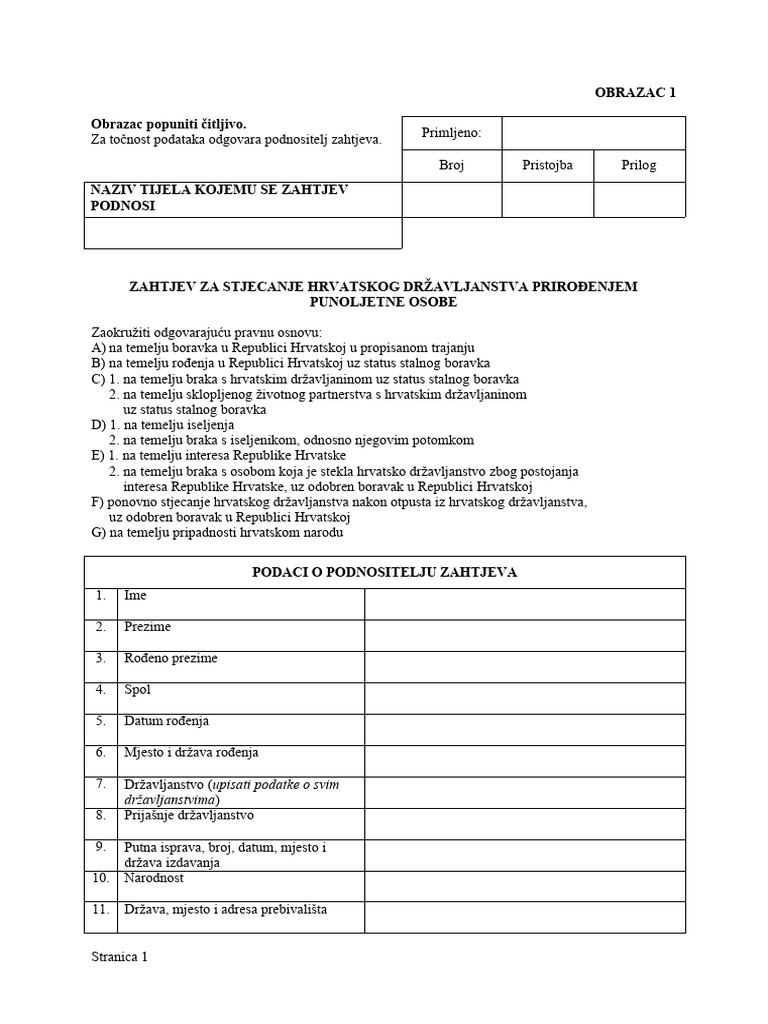 Obrazac 1 - Stjecanje Hrvatskog Državljanstva Prirođenjem Punoljetne ...