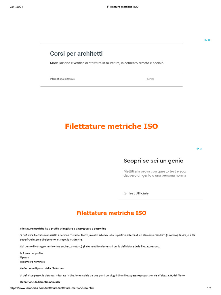Filettature Metriche ISO | PDF