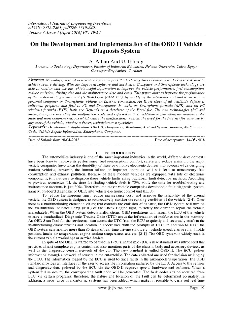 On The Development and Implementation of The OBD II Vehicle Diagnosis System | PDF | Vehicles ...