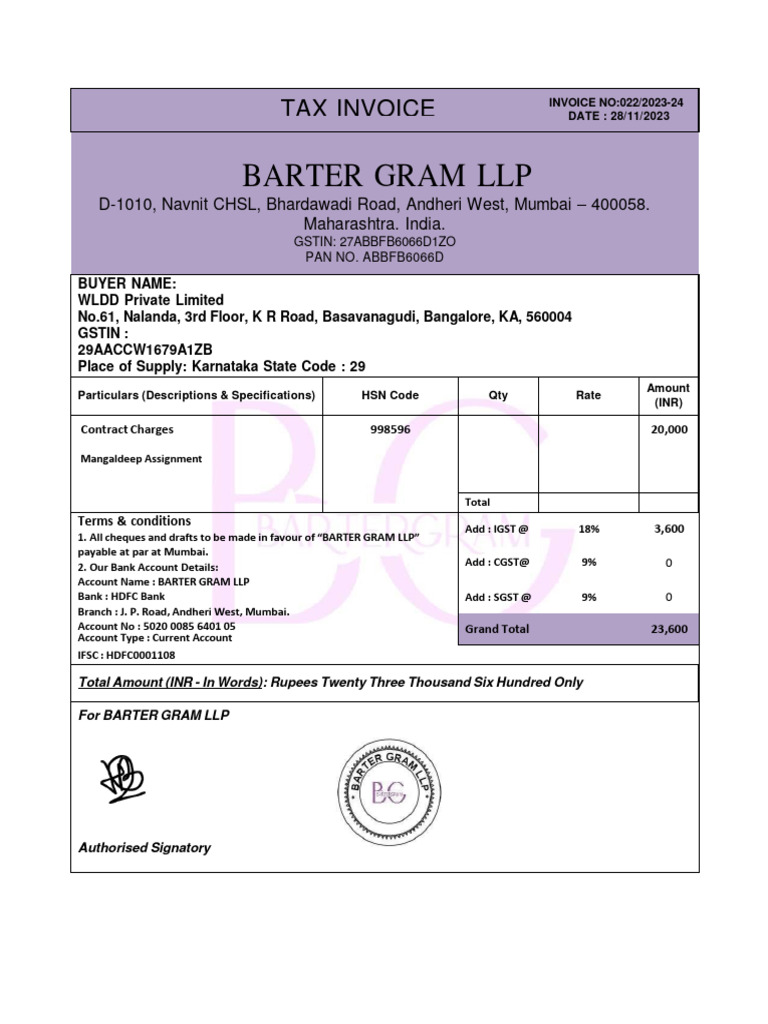 Barter Gram LLP: Tax Invoice | PDF