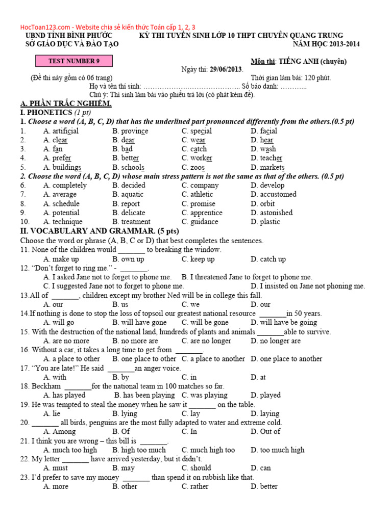 Đề thi thử vào 10 chuyên Anh số 9 | PDF