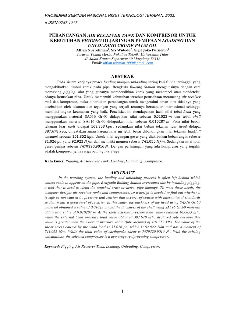 Desain Air Receiver Tank & Kompresor untuk Pigging CPO | PDF