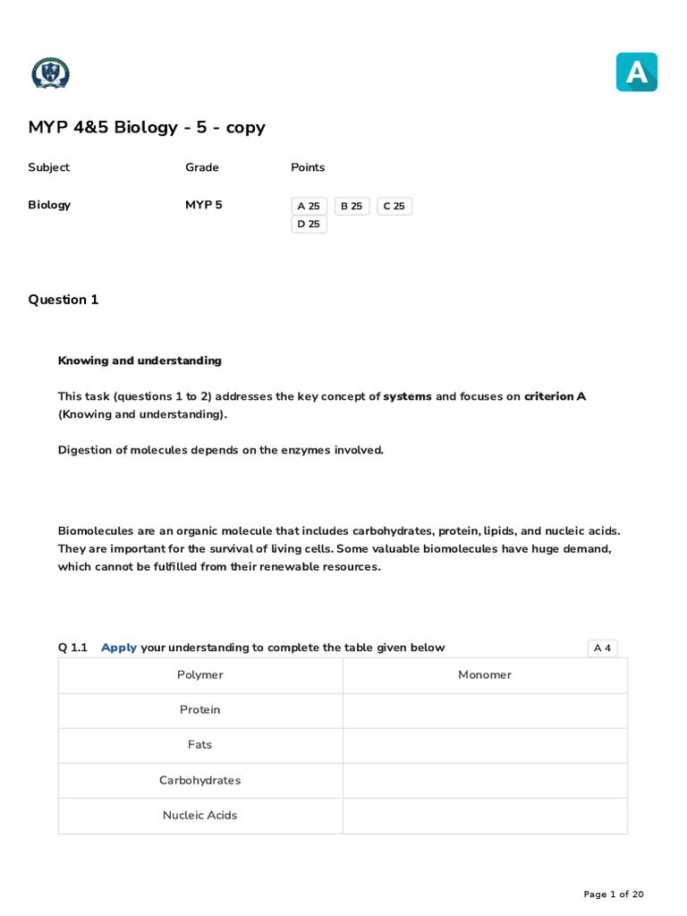 MYP 4 - 5 Biology - 5 | PDF | Aquaculture | Digestion