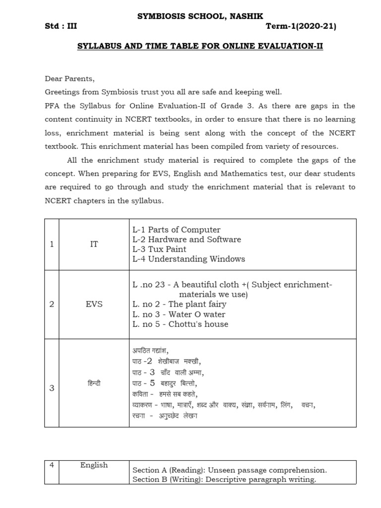 Std-3-Syllabus & TT-Online Evaluation-II (2020-21) | PDF | Linguistics