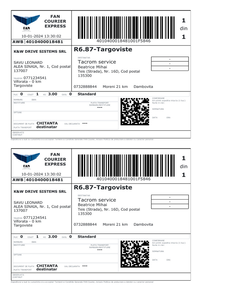 FAN Courier Shipment Confirmation | PDF