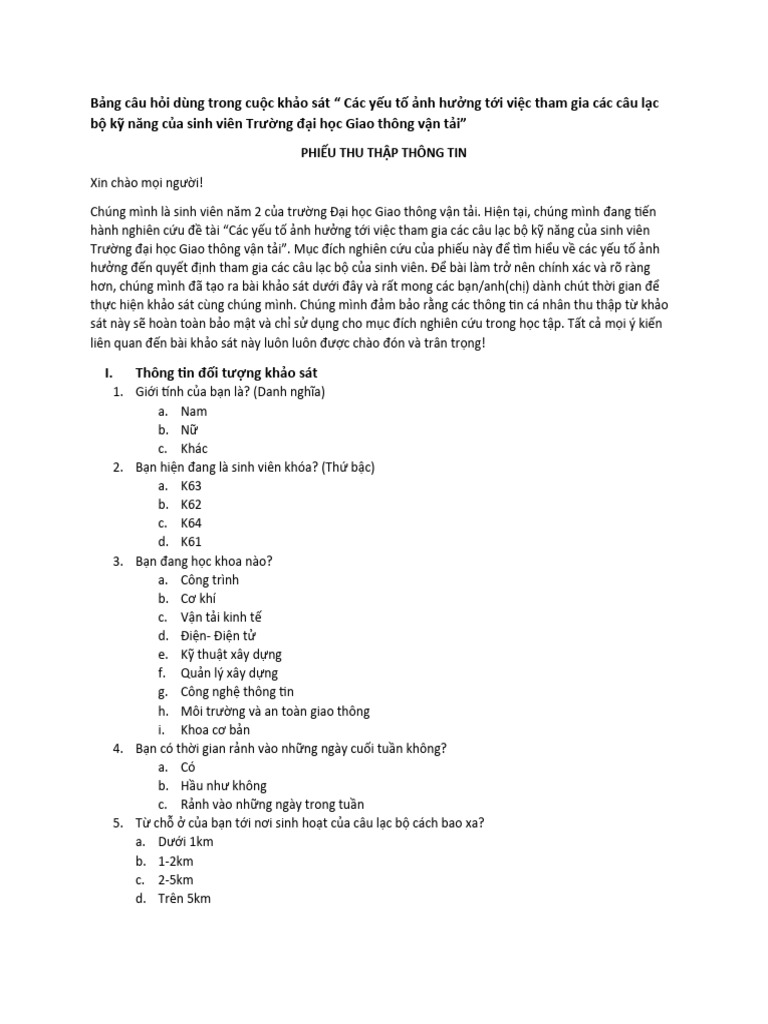 Câu hỏi khảo sát NCKH 23 | PDF