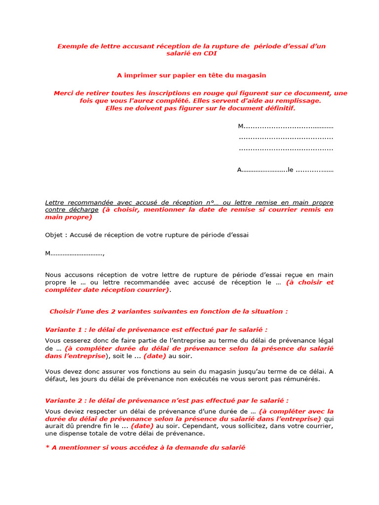 Trame D'accusé Réception Rupture Période D'essai CDI | PDF