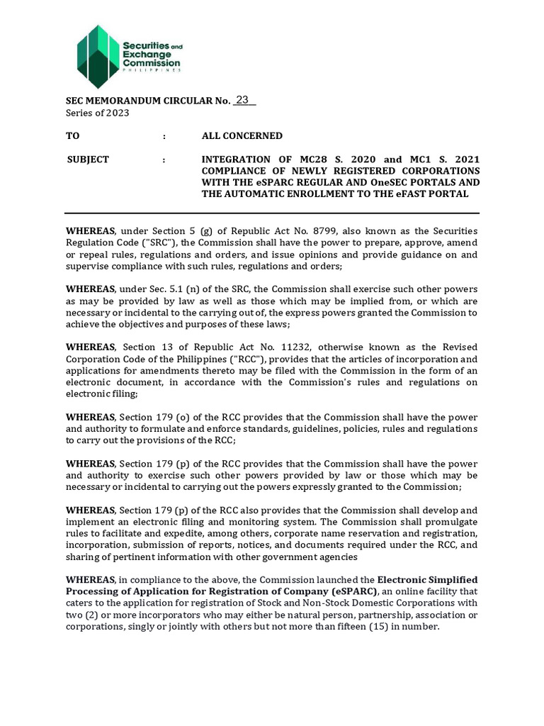 2023MC - SEC MC No. 23 S. of 2023 Integration of MC28 S. 2020 and MC1 S ...