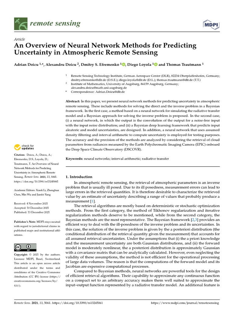 An Overview of Neural Network Methods For Predicting Uncertainty in Atmospheric Remote Sensing | PDF