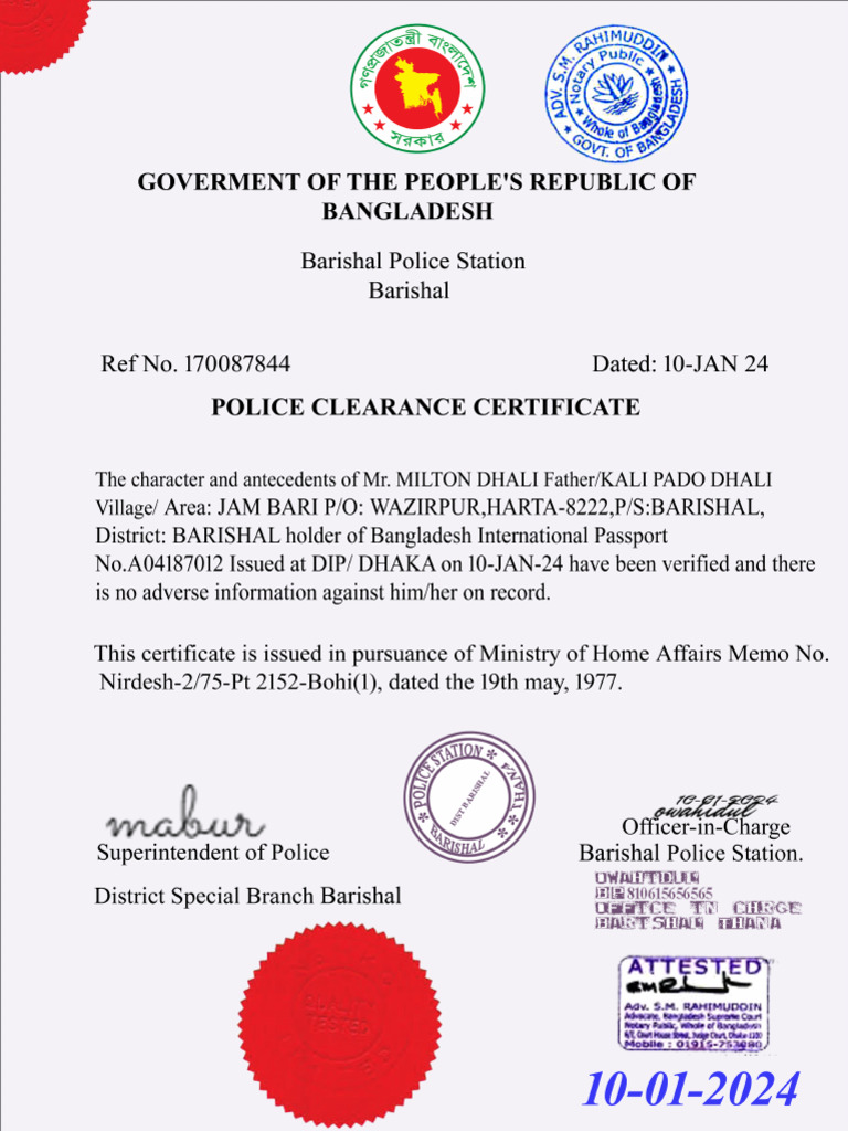 Milton Dhali-Police Clearance | PDF