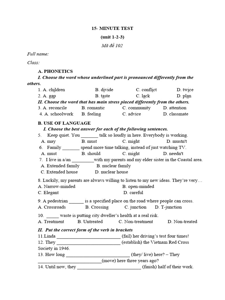 15-Minute English Test for Units 1-3 | PDF