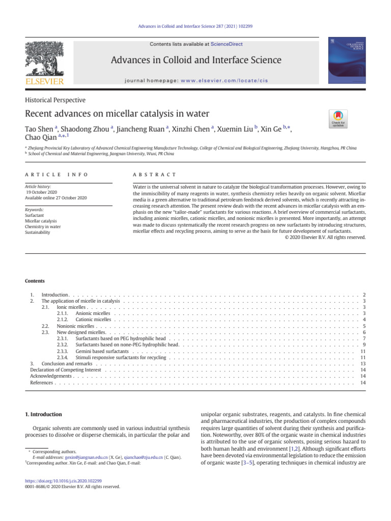 Recent Advances On Micellar Catalysis - 2021 - Advances in Colloid and ...