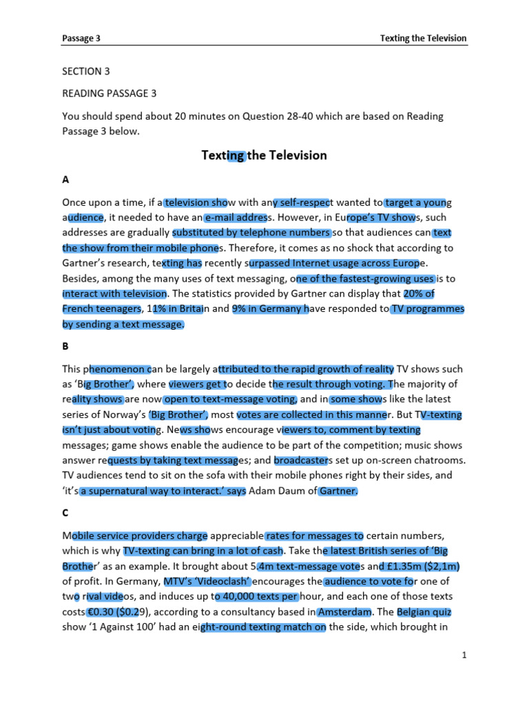 100 Passage 3 - Texting The Television Q28-40 | PDF | Text Messaging ...