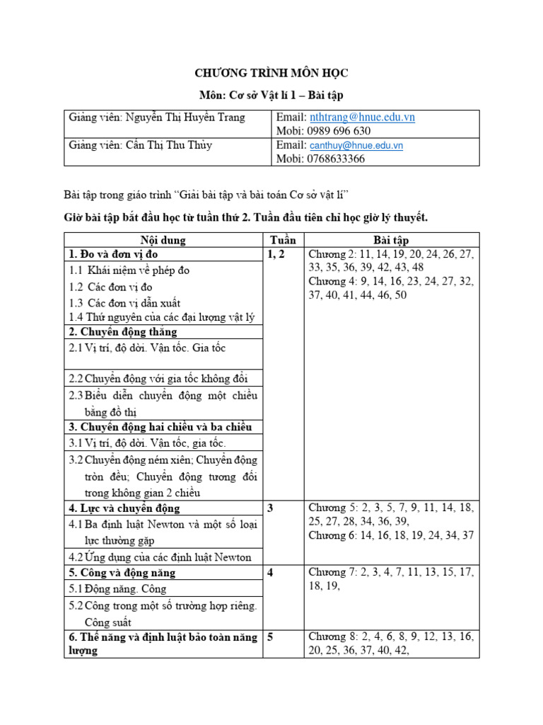 Chương Trình Môn Học - CSVL1 - 22 - 23 | PDF