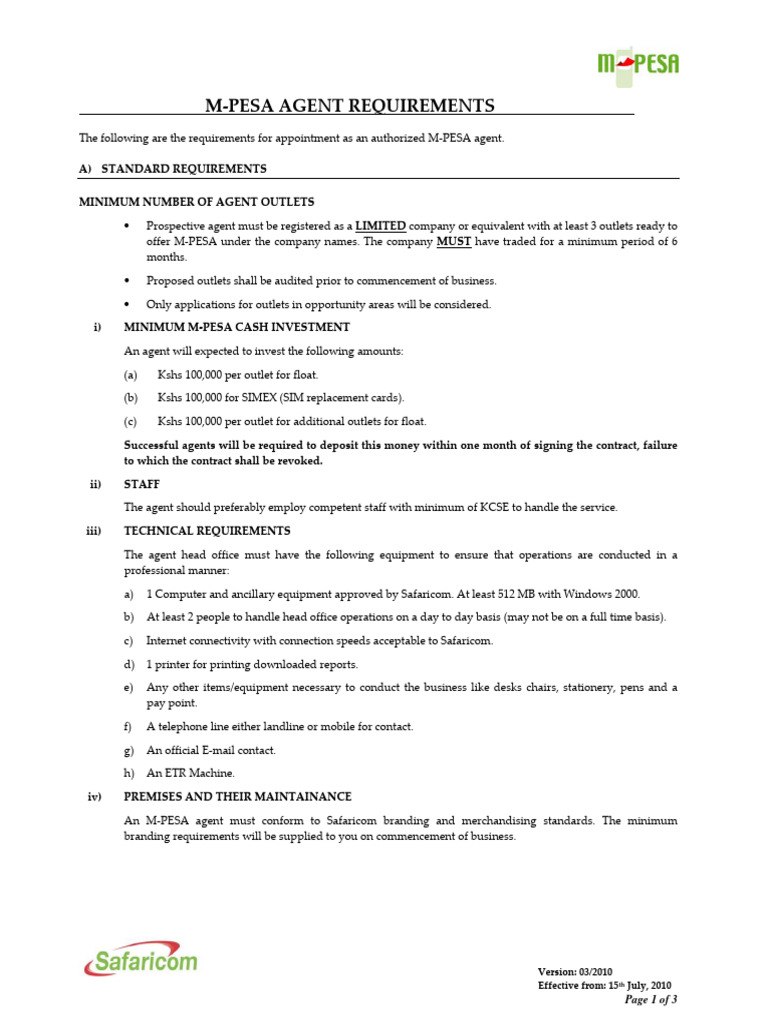 M-Pesa Agent Requirements - For External Use | PDF | Identity Document ...