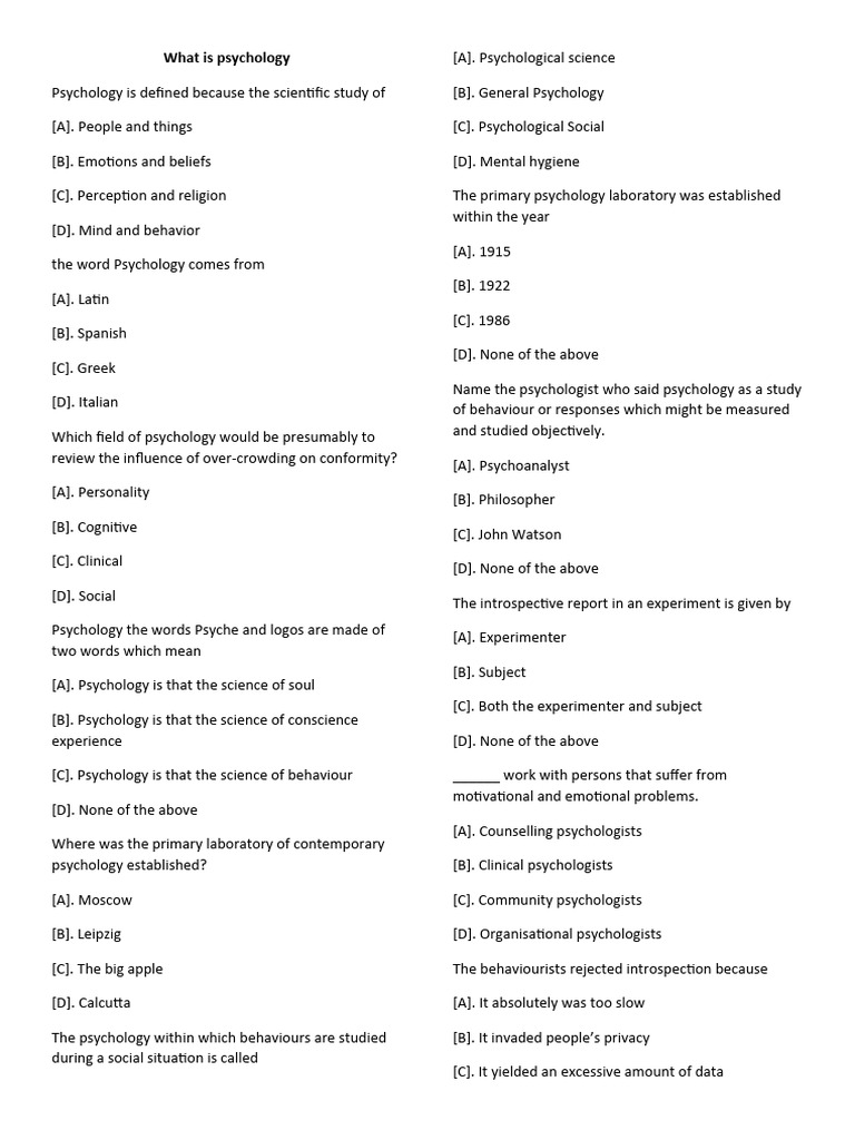 Psychology Mcqs Class 12 New | PDF | Psychology | Mind