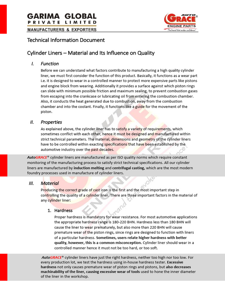 Garima Autograce Techdoc Cylinder Liner Material and Its Influence On Quality | PDF | Piston ...