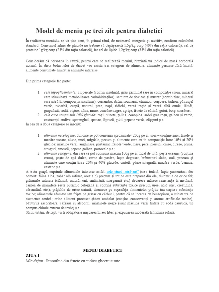 Model de Meniu Pe Trei Zile Pentru Diabetici | PDF