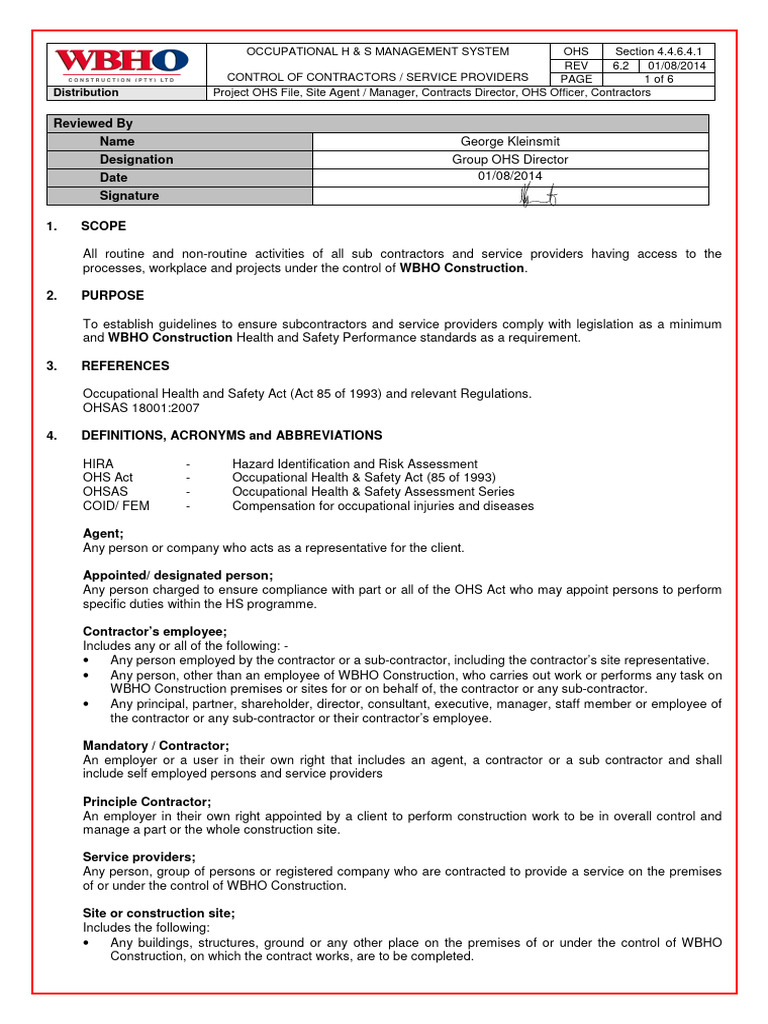 WBHO-Control-of-Contractors | PDF | Occupational Safety And Health ...