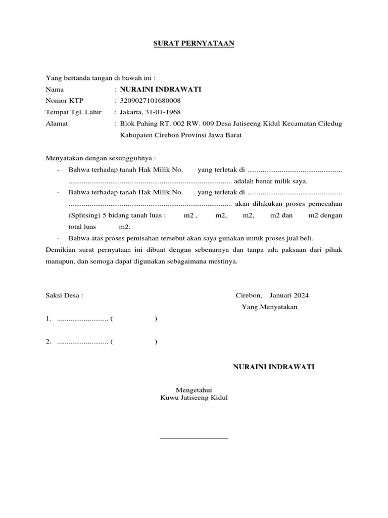 Surat Pernyataan Split BPN 2024 + Surat Kuasa 2024 | PDF