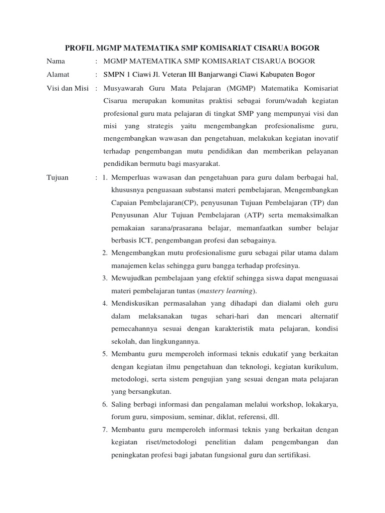 Profil MGMP Matematika SMP Komisariat Cisarua Bogor | PDF | Ilmu Sosial | Seni