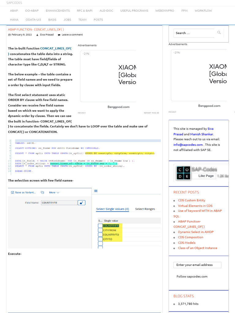 Abap Function Concat Lines Of Sapcodes Pdf Computing Systems Engineering
