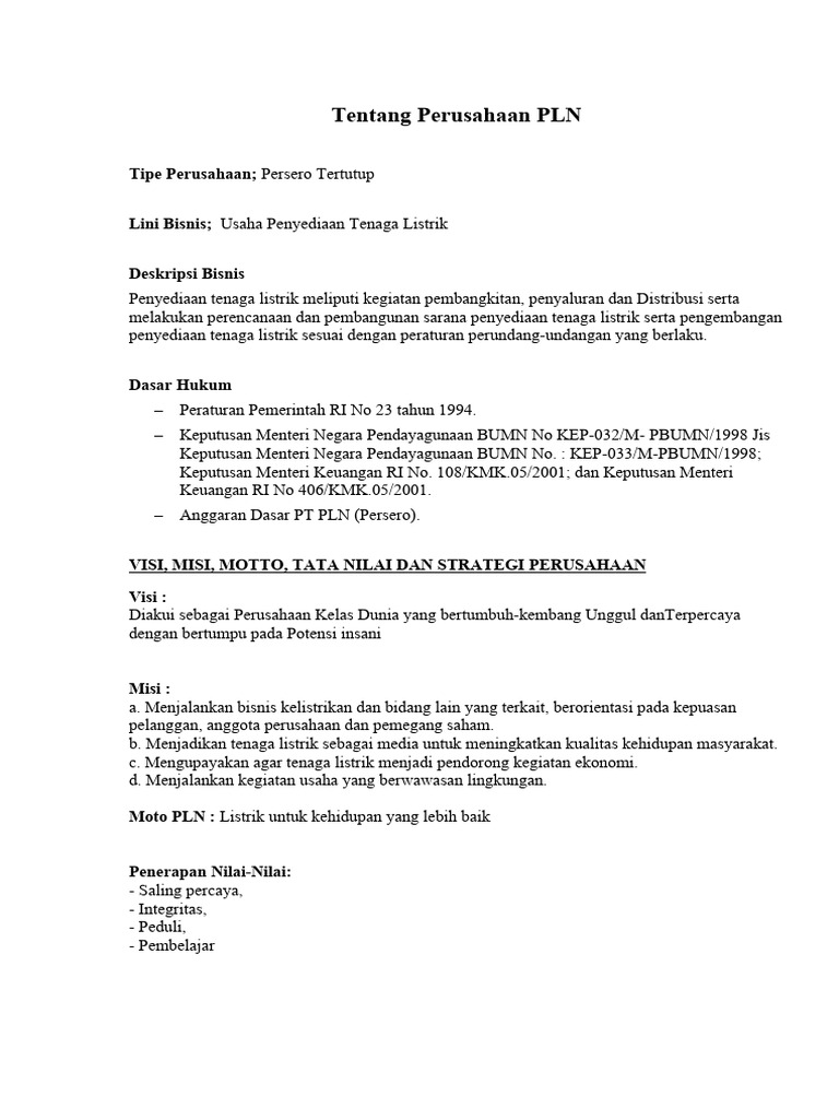 Sejarah, Logo, Moto, Visi, Misi & Budaya Perusahaan PLN | PDF