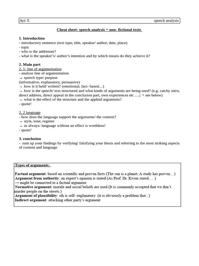 Cheat Sheet Non Fictional and Speech Analysis | PDF