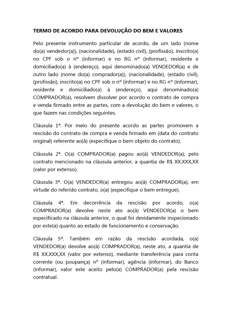 Termo de Acordo para Devolucao Do Bem e Valores | PDF