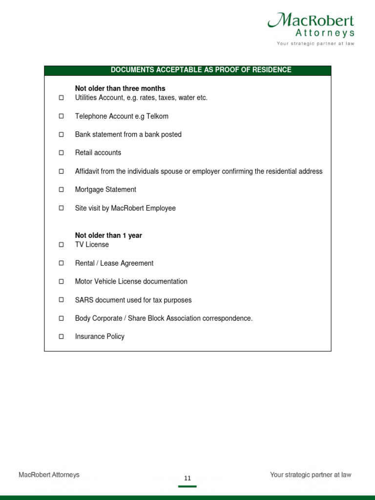FICA Checklist - Documents Acceptable As Proof of Residence | PDF