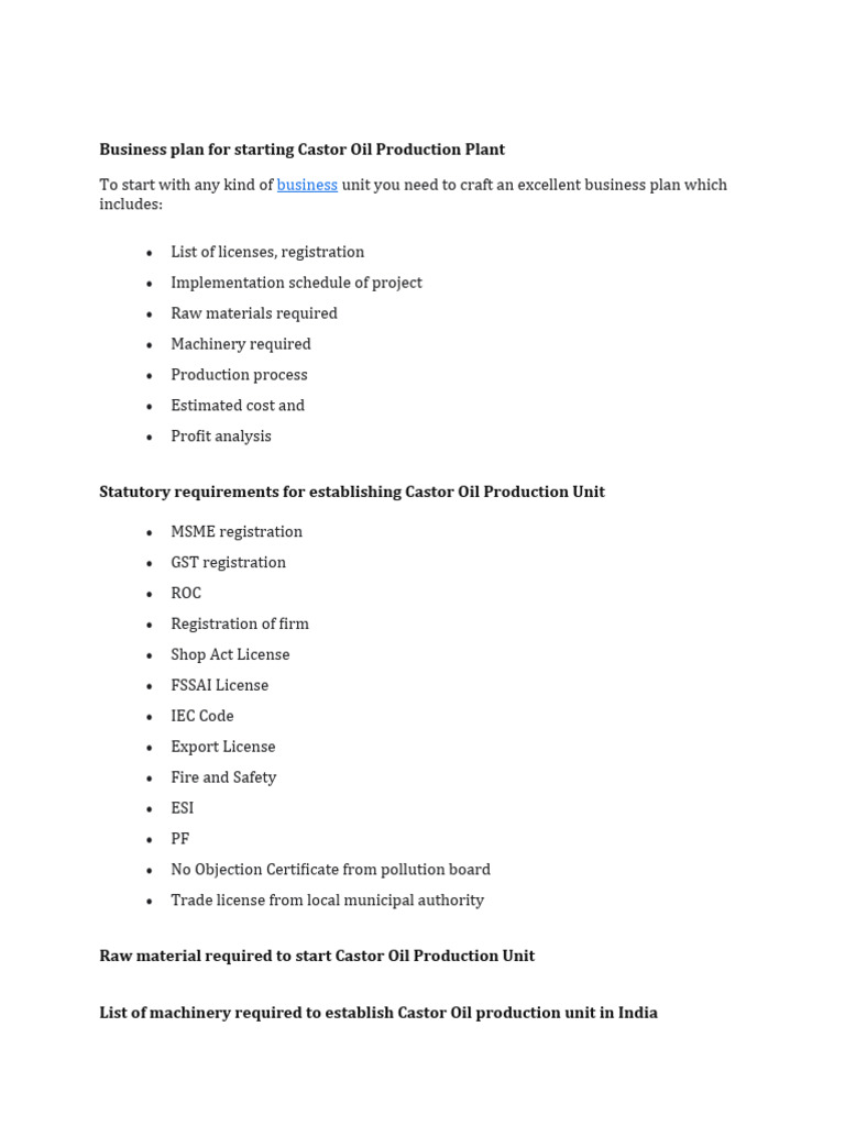Business Plan For Starting Castor Oil Production Plant | Download Free ...