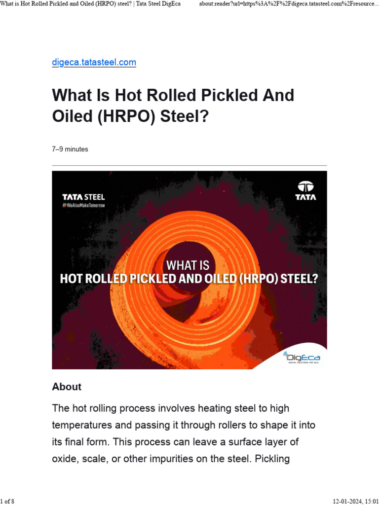 What Is Hot Rolled Pickled and Oiled (HRPO) Steel Tata Steel DigEca ...