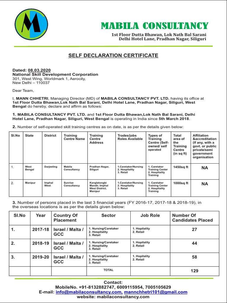 Self Declaration Certificate | PDF